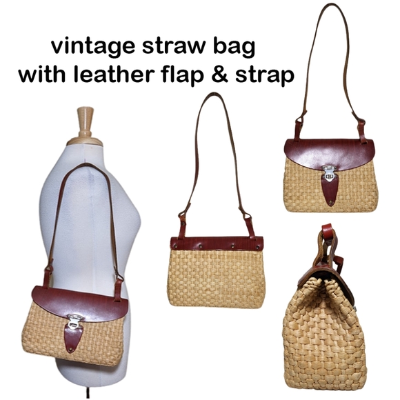Vintage | Bags | Vintage Straw Shoulder Bag W Burgundy Leather Cover ...